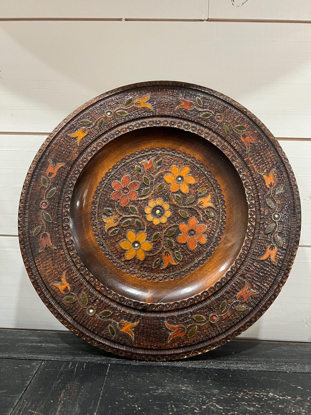 Beautiful Vintage Polish Wood Plate Pyrography W/ Brass Inlay Folk Art ...