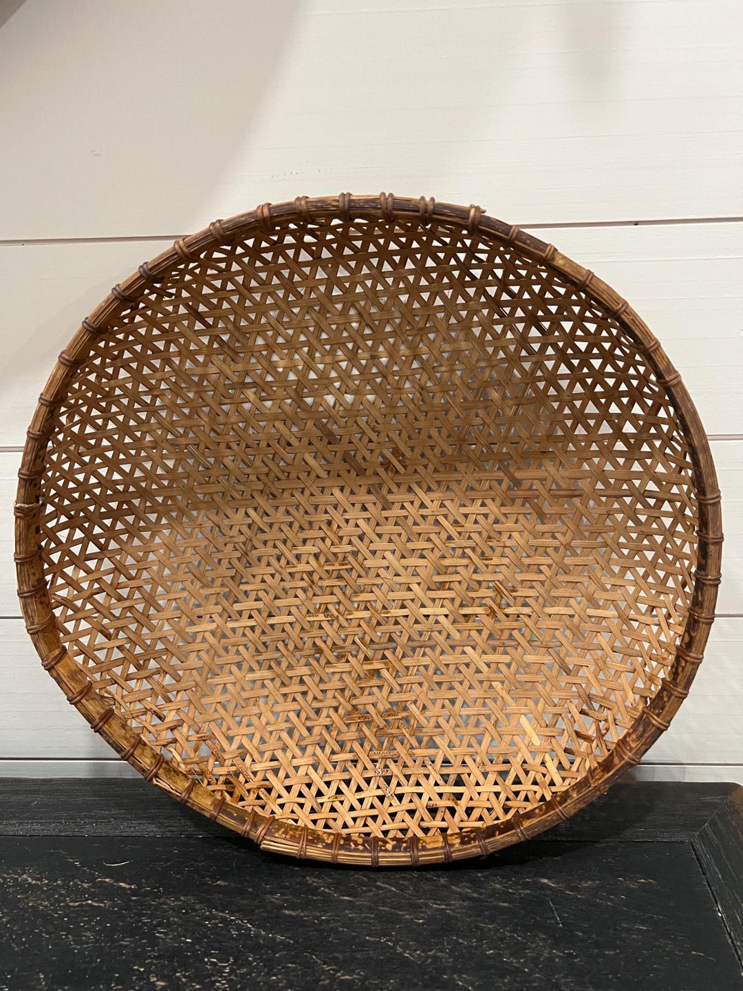 Vintage Round Wall Hanging Hand Woven Rattan Wicker and Tortoiseshell ...