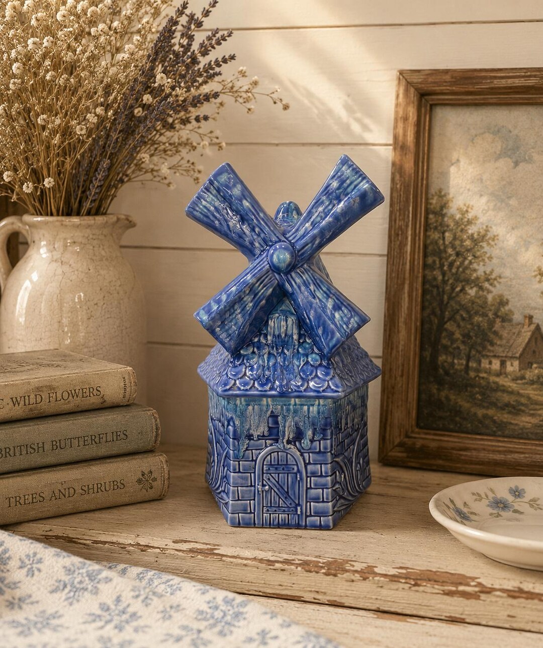 Vintage Windmill Cookie Jar Delft Blue Drippy Ceramic - Etsy