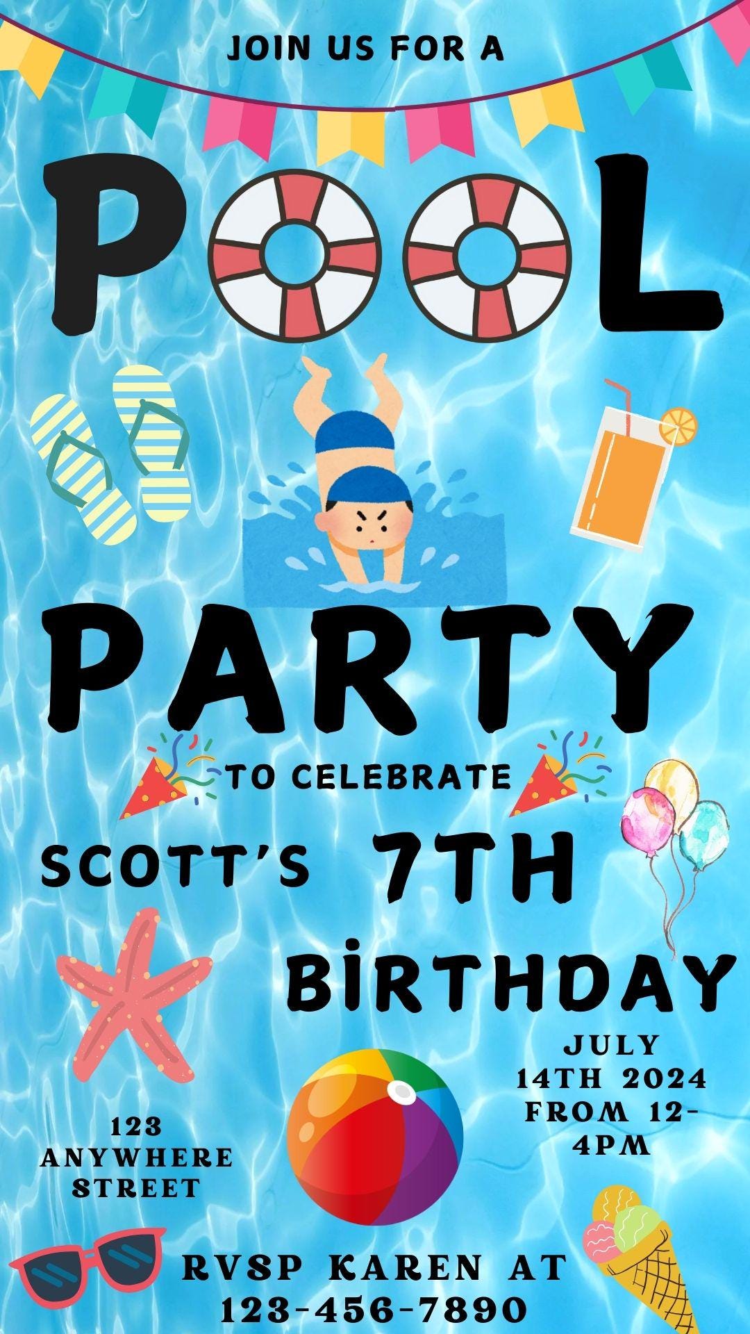 Editable Pool Party Birthday Invitation - Etsy