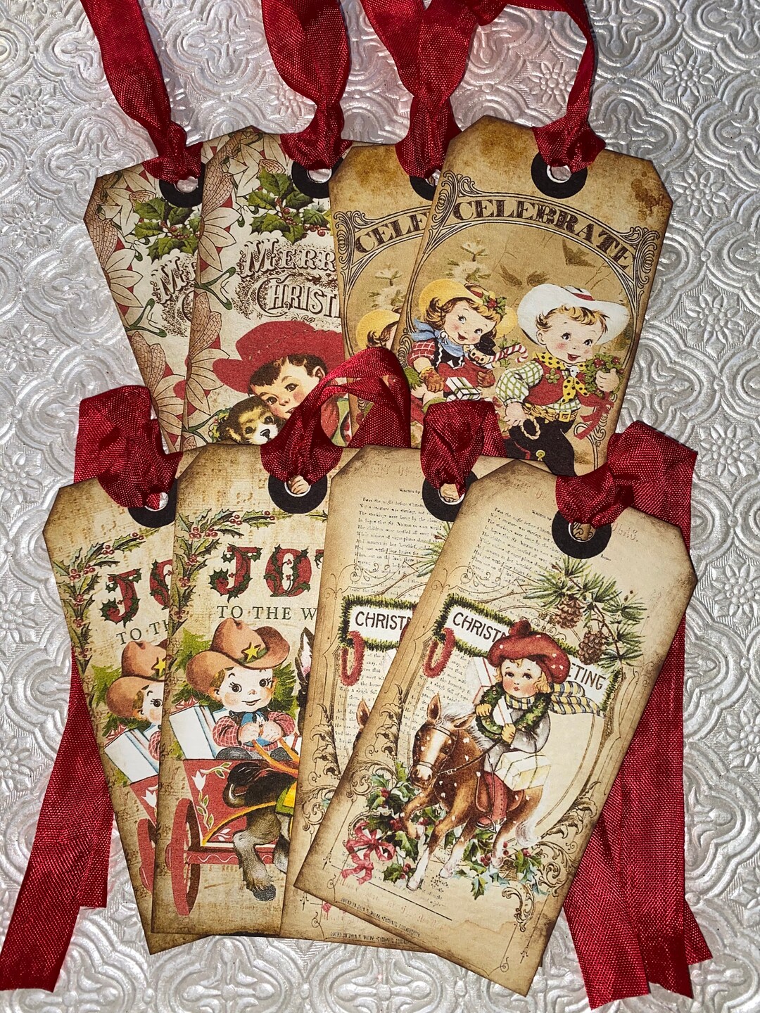 Retro Christmas/ Holiday Tags, Set of 8, With Red Seam Binding Ribbon ...