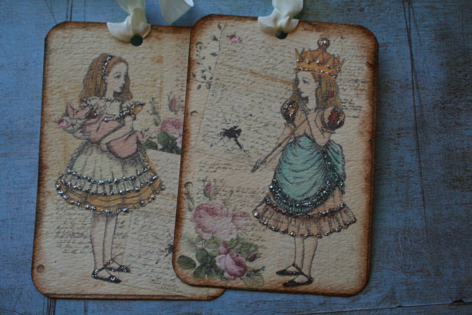 Set of 4 Vintage Inspired Alice Tags With Silver Stickles | Etsy