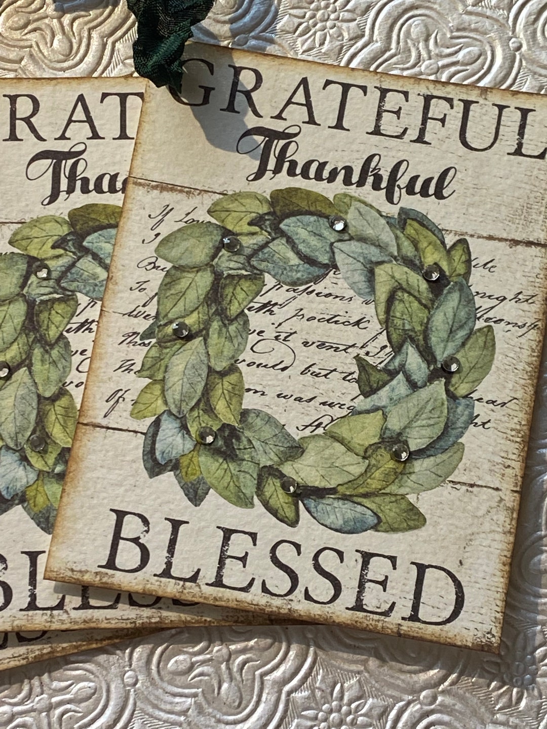 Set of 4 Grateful / Thankful / Blessed Tags With Crystal Rhinestones ...
