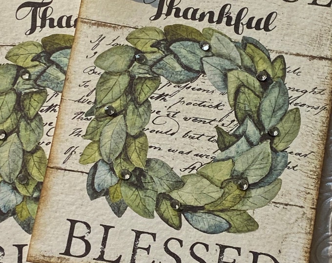 Set of 4 Grateful / Thankful / Blessed Tags With Crystal Rhinestones ...