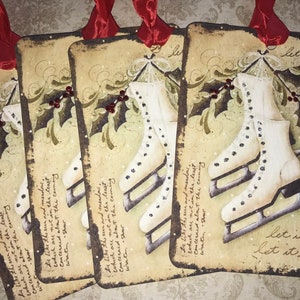 Set of 4 Ice Skate Tags/holiday Tags With Red Seam Binding Ribbon. - Etsy
