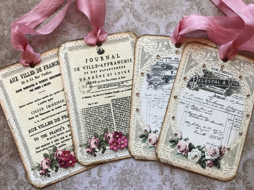 French Inspired Tags, Set of 4 Different Designs With Crystal ...