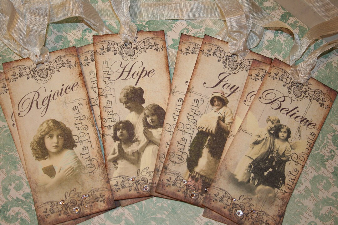 Holiday Tags, Set of 8, With Crystal Rhinestones, Joy, Hope, Rejoice ...