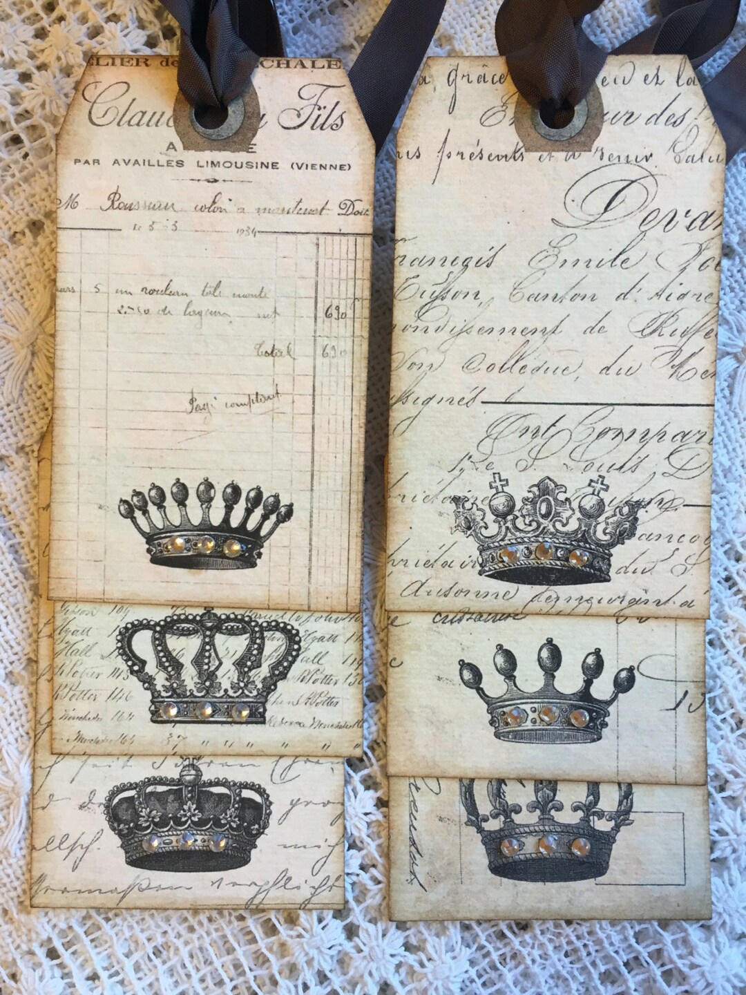 Set of 6 French Inspired Tags, French Script Background, Crowns With ...