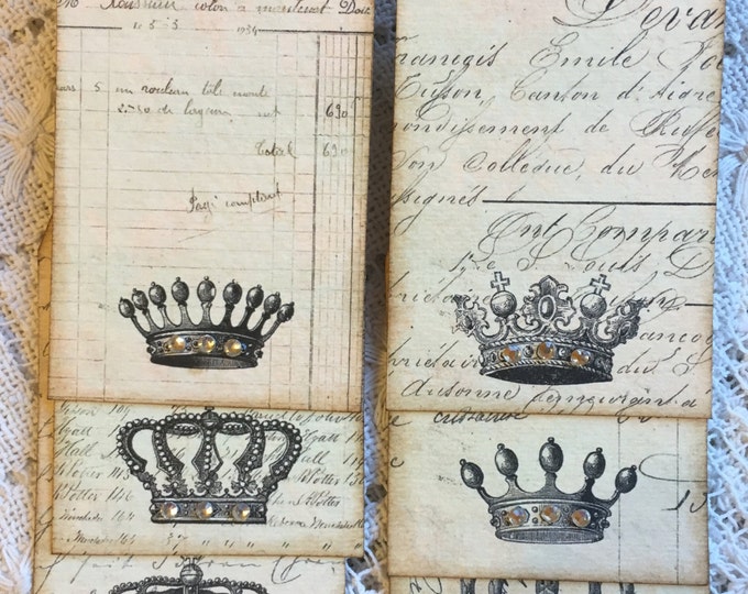 Set of 6 French Inspired Tags, French Script Background, Crowns With ...