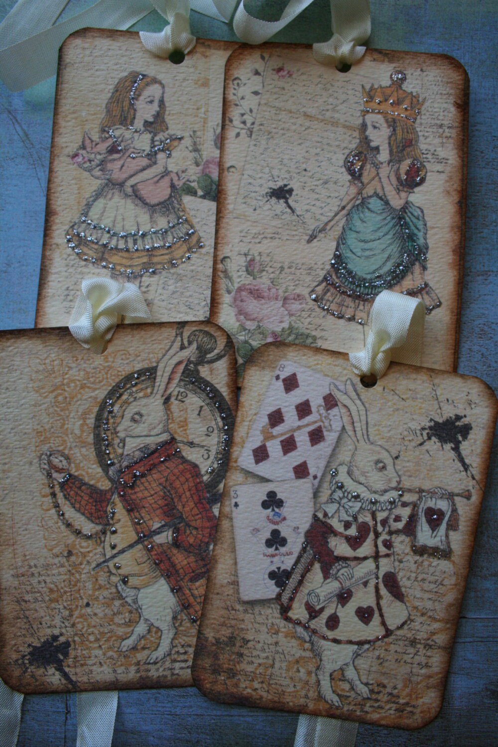Set of 4 Vintage Inspired Alice Tags With Silver Stickles - Etsy