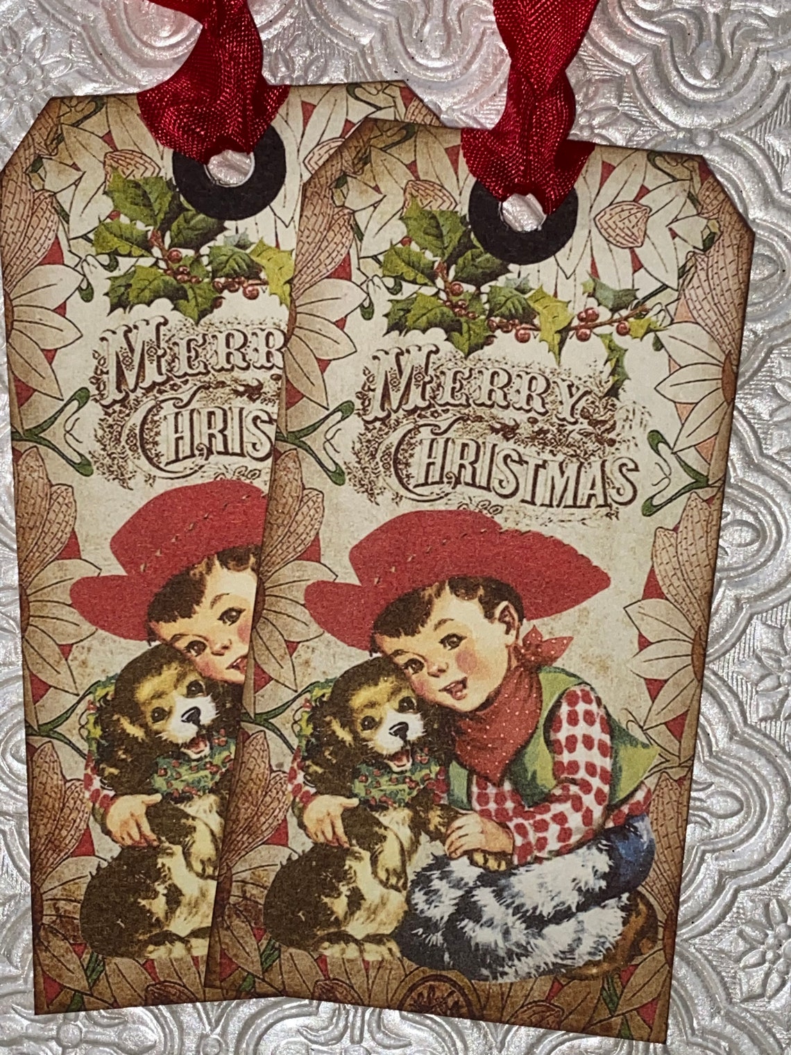 Retro Christmas/ Holiday Tags, Set of 8, With Red Seam Binding Ribbon ...