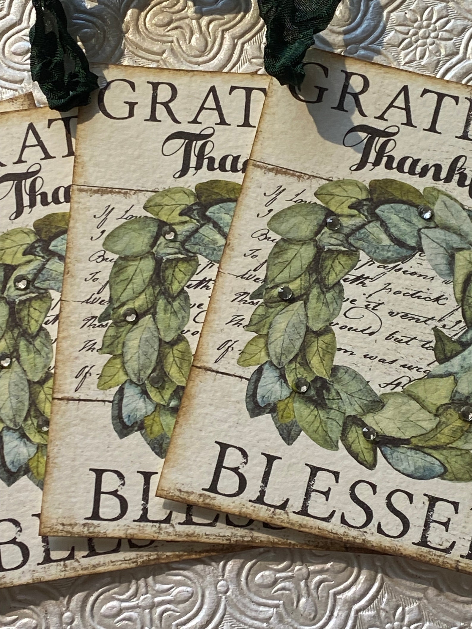 Set of 4 Grateful / Thankful / Blessed Tags With Crystal Rhinestones ...