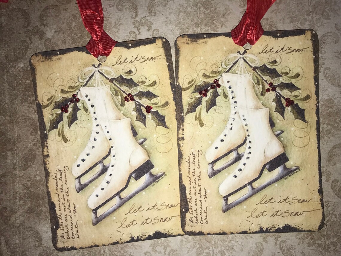 Set of 4 Ice Skate Tags/holiday Tags With Red Seam Binding | Etsy
