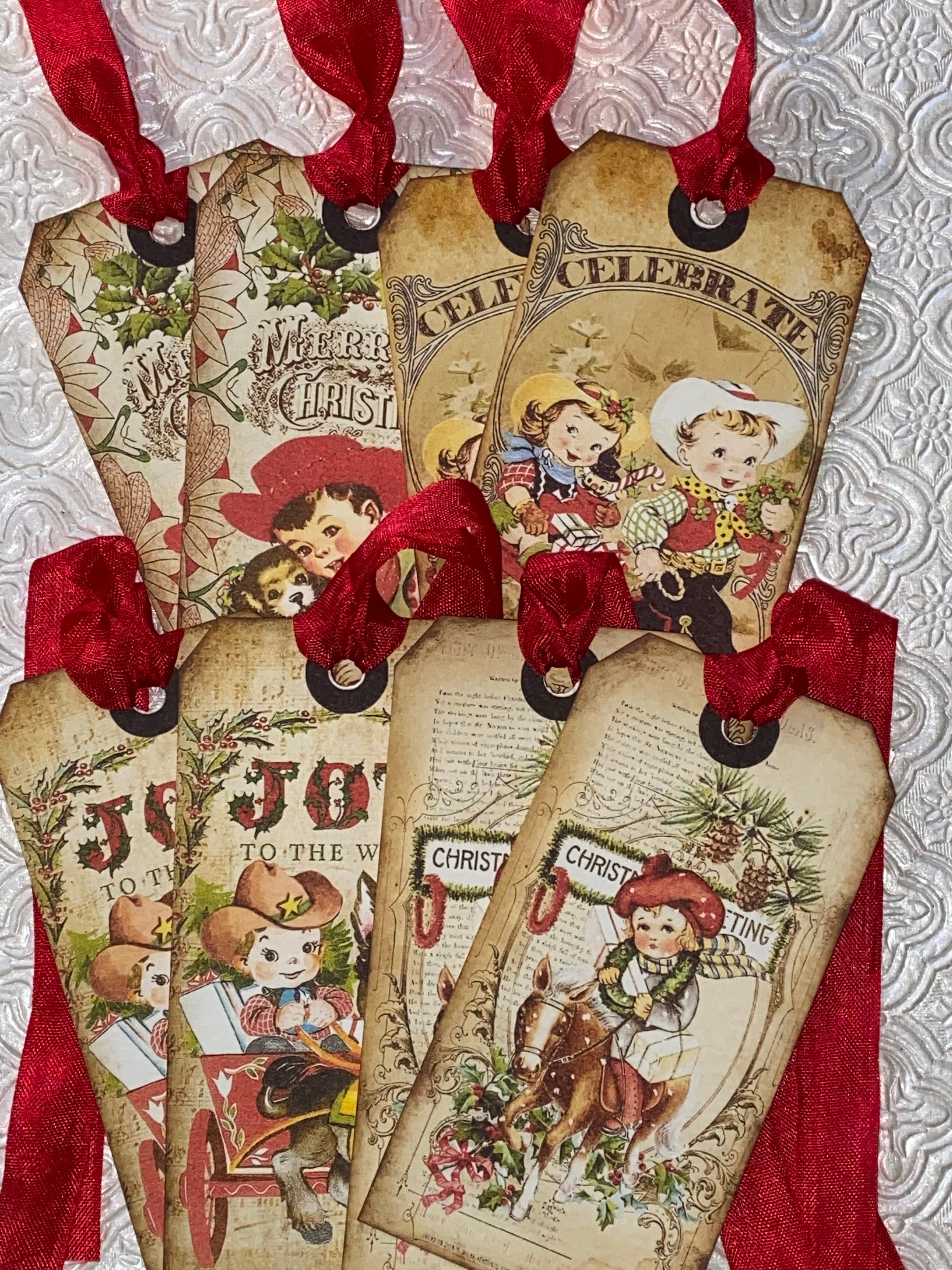Retro Christmas/ Holiday Tags set of 8 with red seam binding | Etsy