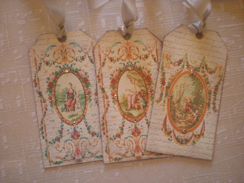 Set of 6 French Inspired Tags With Rhinestones and Linen Effect Reverse ...