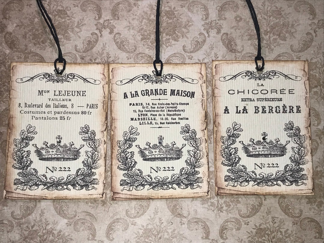 Set of 9 French Inspired Tags With Rhinestones and Black Twine. - Etsy