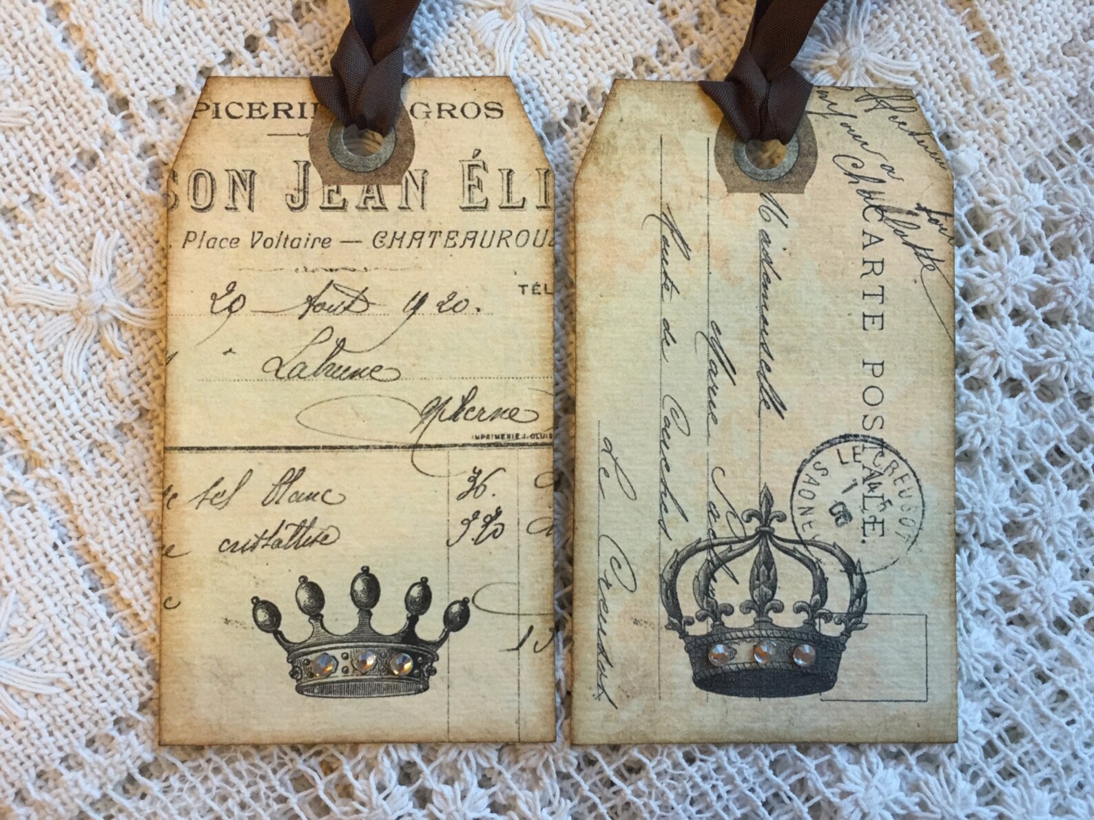 Set of 6 French Inspired Tags, French Script Background, Crowns With ...