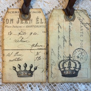 Set of 6 French Inspired Tags, French Script Background, Crowns With ...