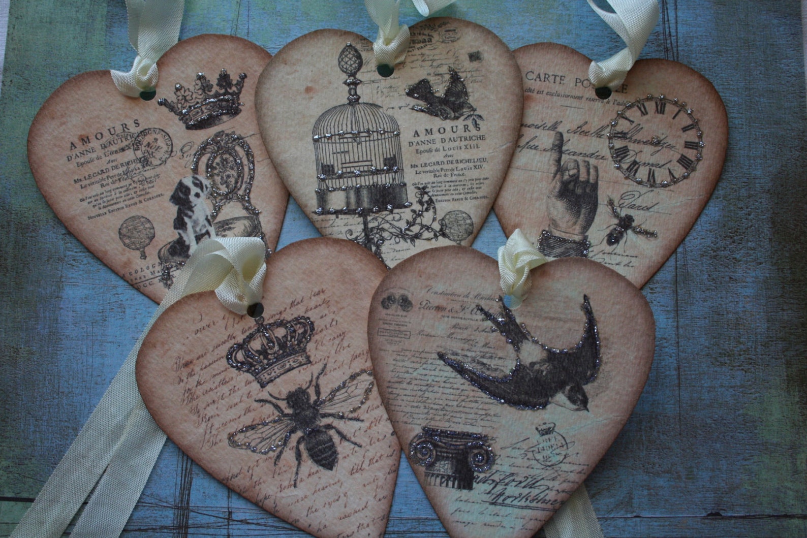 Set of 5 Heart Tags, Vintage Style With Cream Ribbon 4 1/2" X 4" - Etsy
