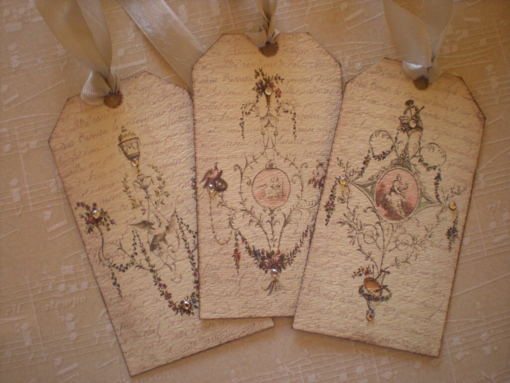 Set of 6 French Inspired Tags With Rhinestones and Linen Effect Reverse ...