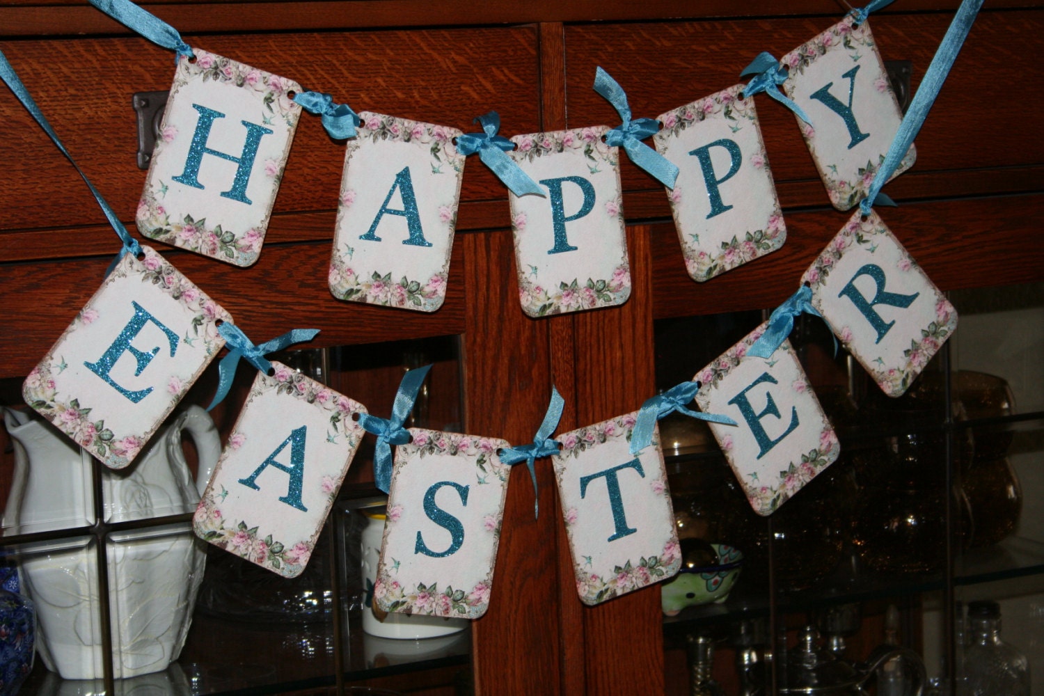 Happy Easter Banner With Aqua Glittered Letters. - Etsy