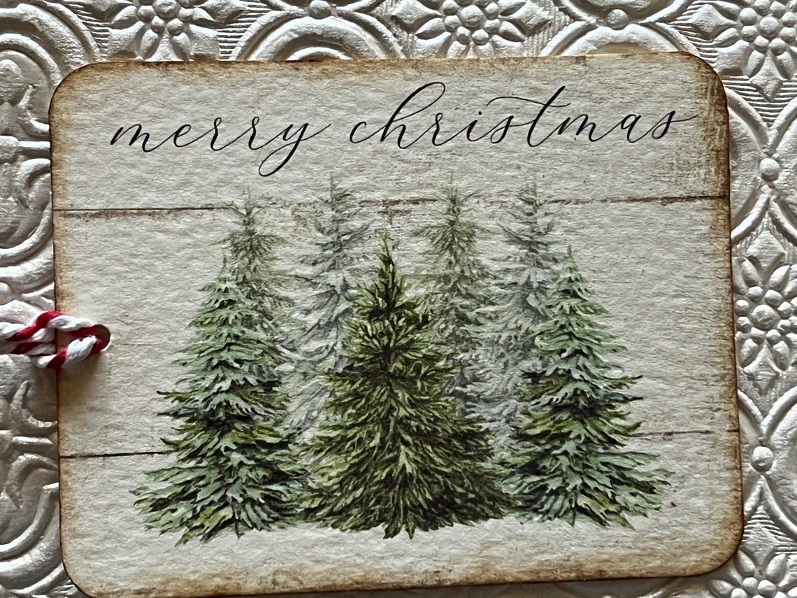 Set of 12 Merry Christmas Tags, With Snowy Tree Scene. - Etsy
