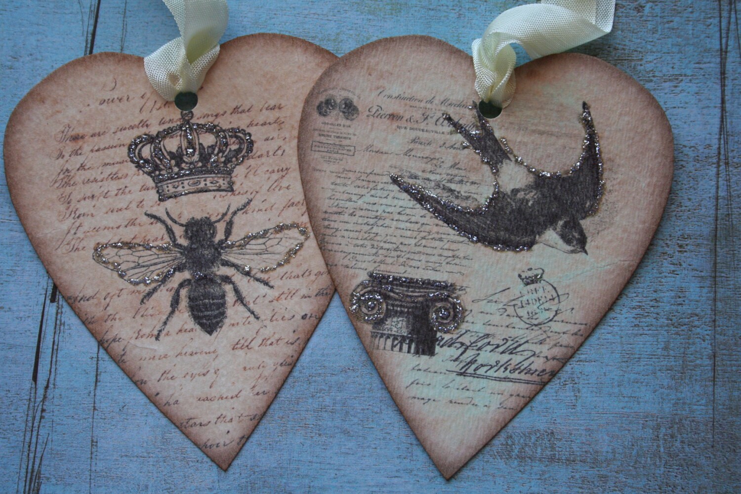 Set of 5 Heart Tags, Vintage Style With Cream Ribbon 4 1/2" X 4" - Etsy