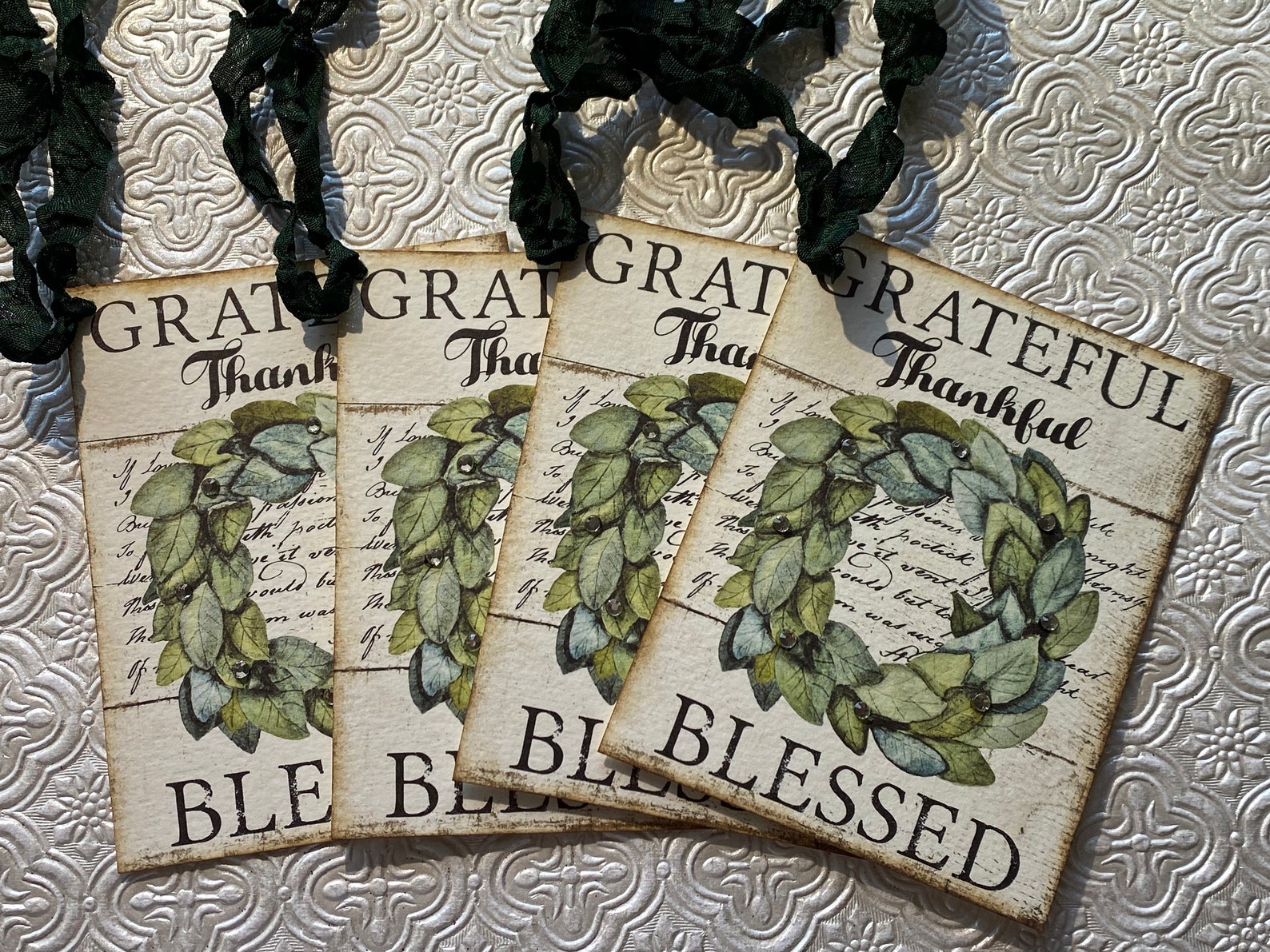 Set of 4 Grateful / Thankful / Blessed Tags With Crystal Rhinestones ...