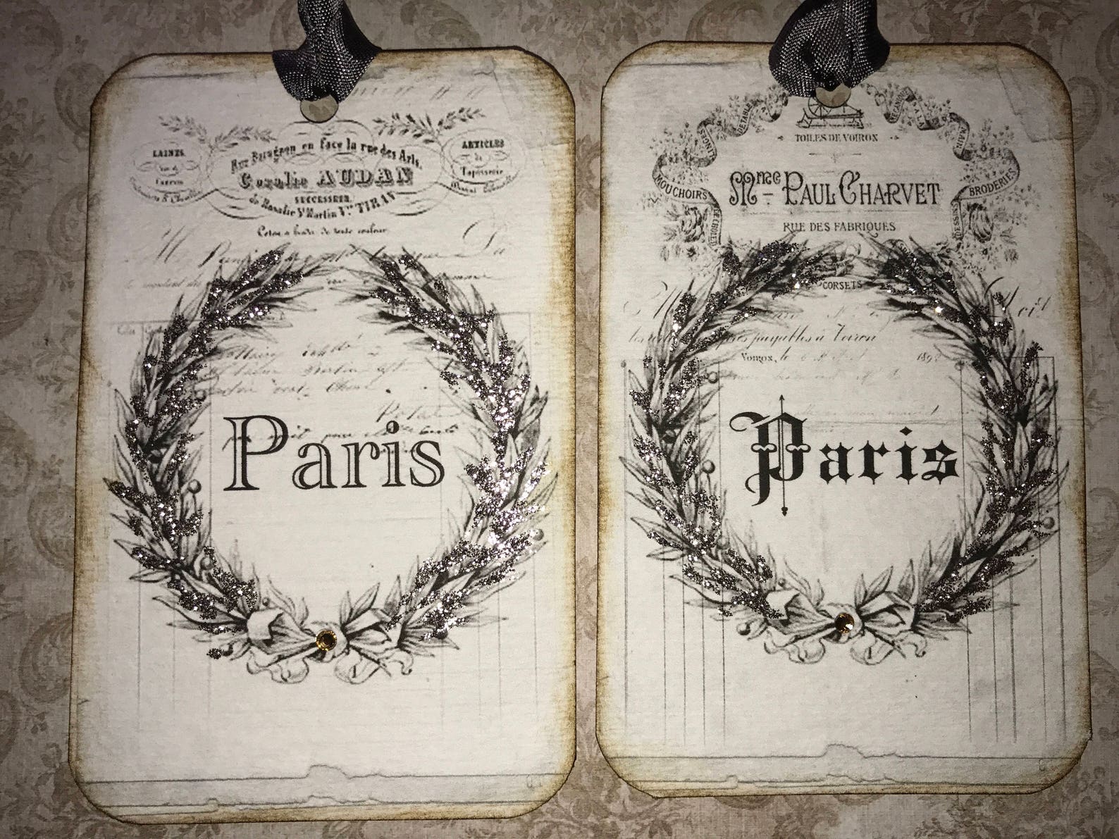 French Script Inspired Vintage Tags, Set of 4 Designs, With Stickles ...