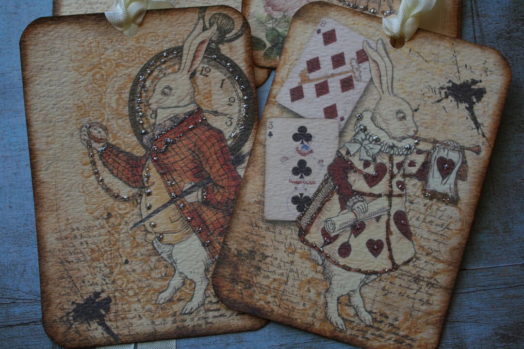 Set of 4 Vintage Inspired Alice Tags With Silver Stickles Glitter. XL ...
