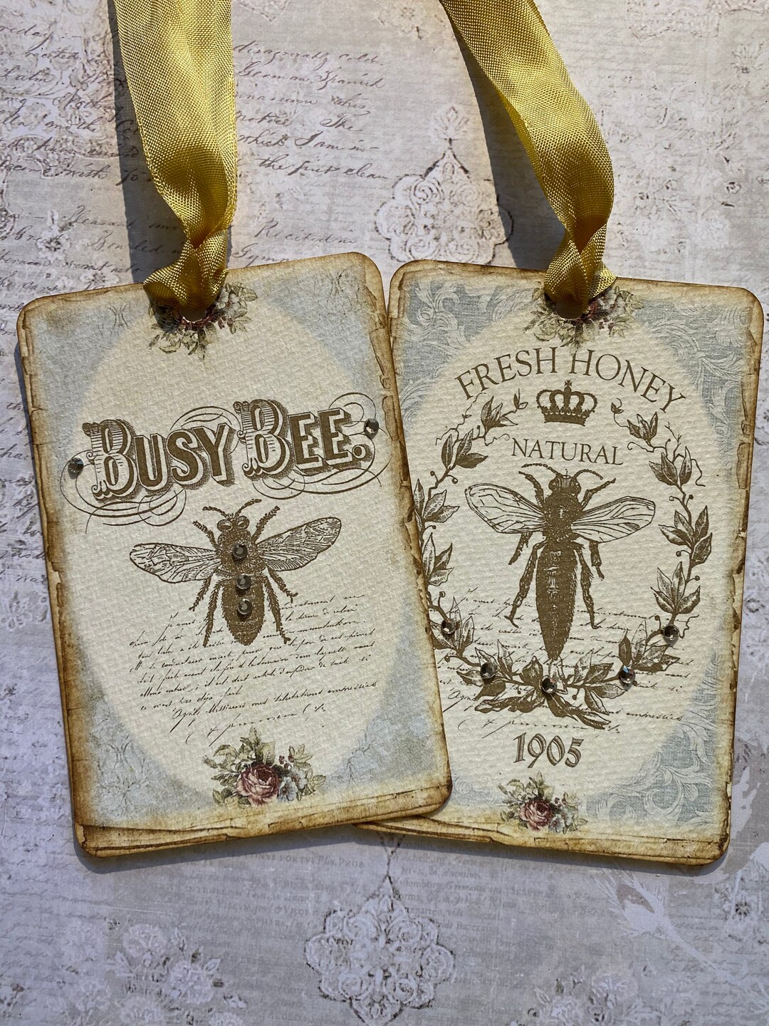 Set of 4 Vintage Inspired Bee Tags, With Crystal Rhinestones. - Etsy