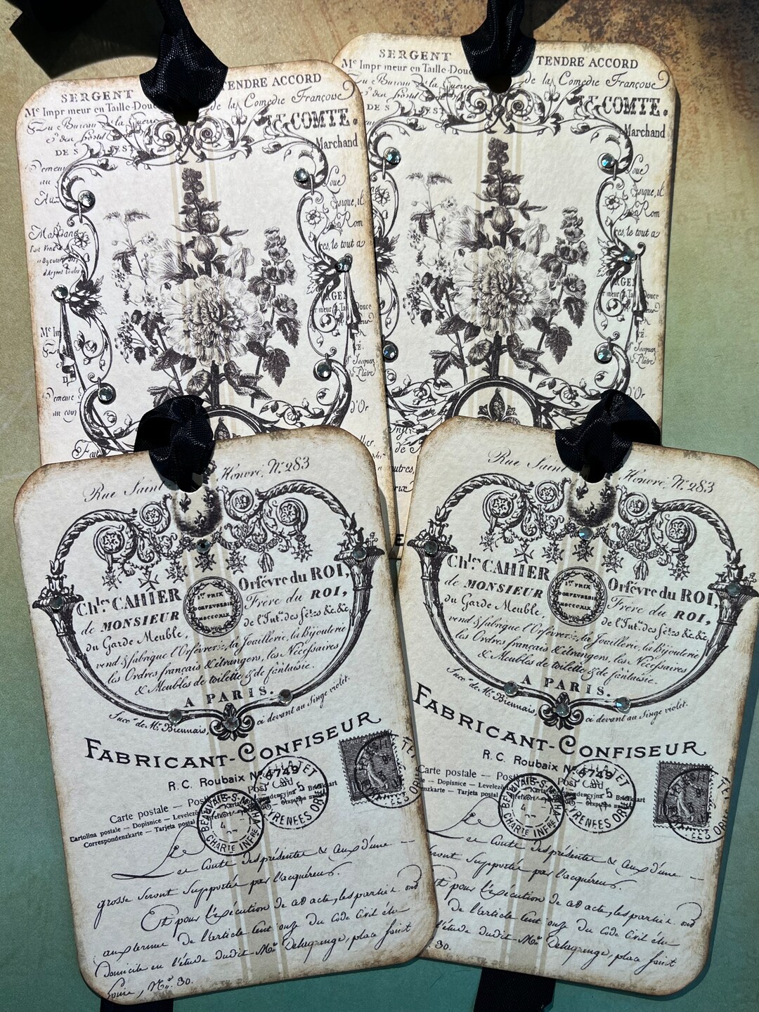French Inspired Tags, Set of 4 With Crystal Rhinestones, Black Ribbon ...