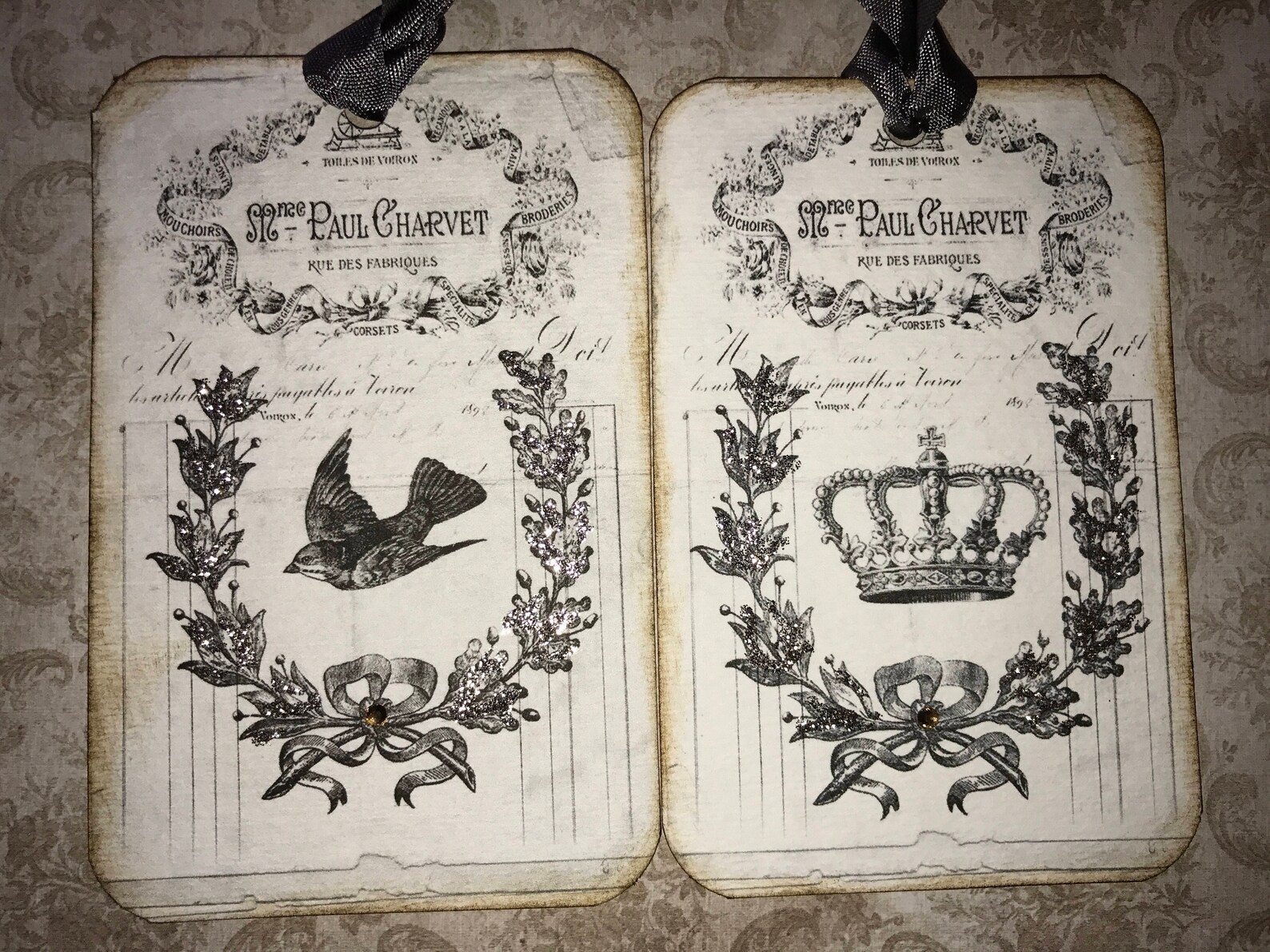 French Script Inspired Vintage Tags, Set of 4 Designs, With Stickles ...