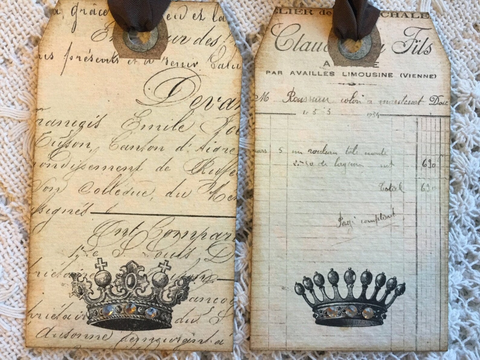 Set of 6 French Inspired Tags, French Script Background, Crowns With ...