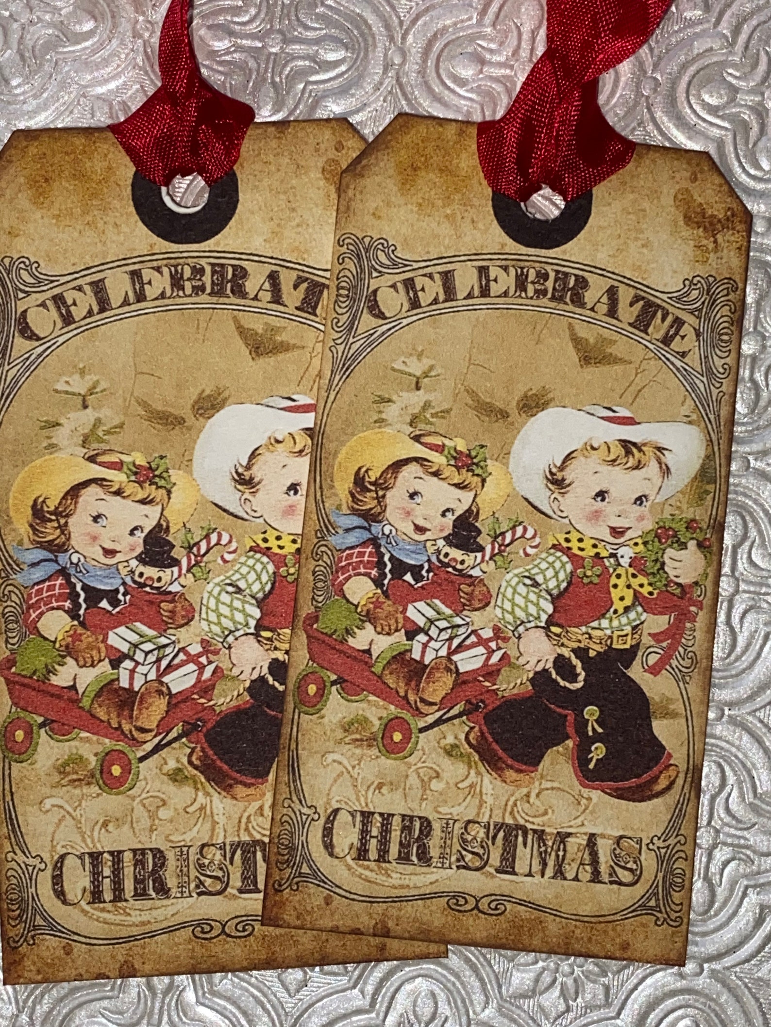 Retro Christmas/ Holiday Tags, Set of 8, With Red Seam Binding Ribbon ...