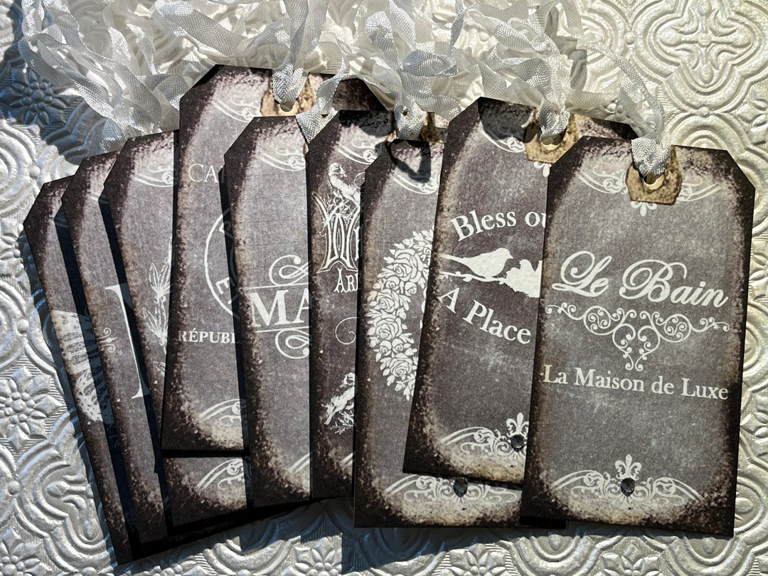 Set of 9 French Inspired Tags With Rhinestones Decoration and Crinkled ...