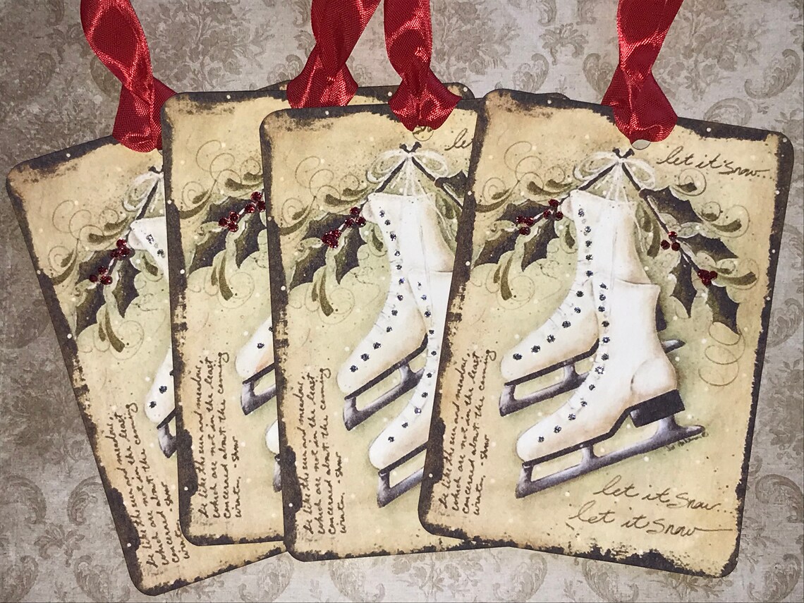 Set of 4 Ice Skate Tags/holiday Tags With Red Seam Binding | Etsy