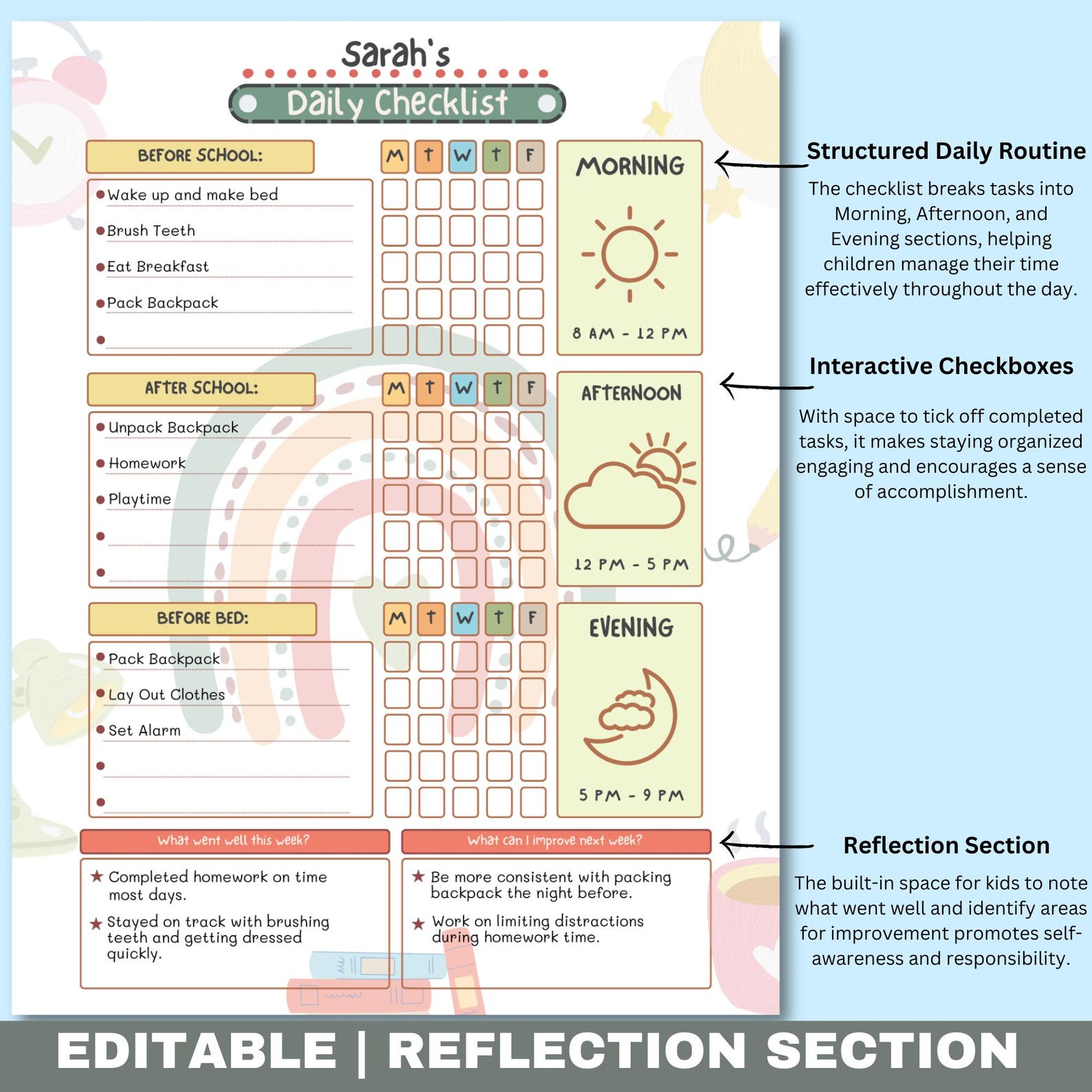 Kids Daily School Checklist | Kids Routine Chart | Editable Chore Chart ...