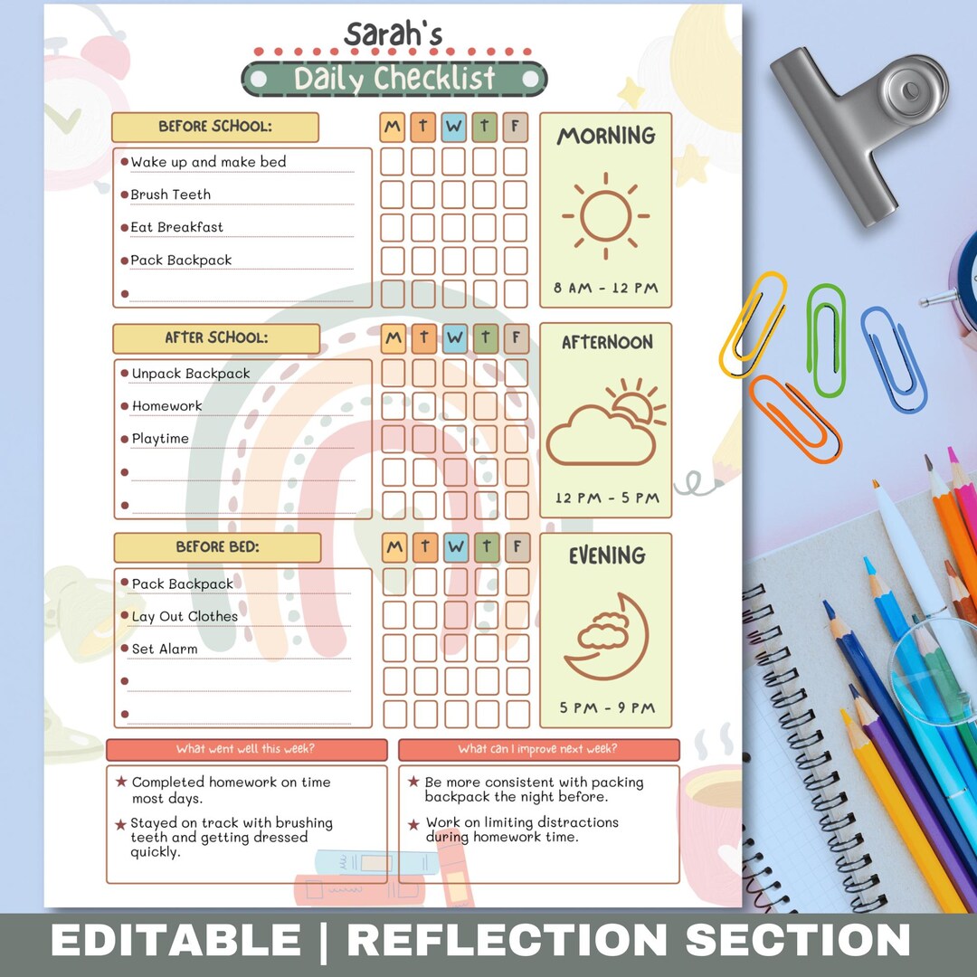 Kids Daily School Checklist | Kids Routine Chart | Editable Chore Chart ...
