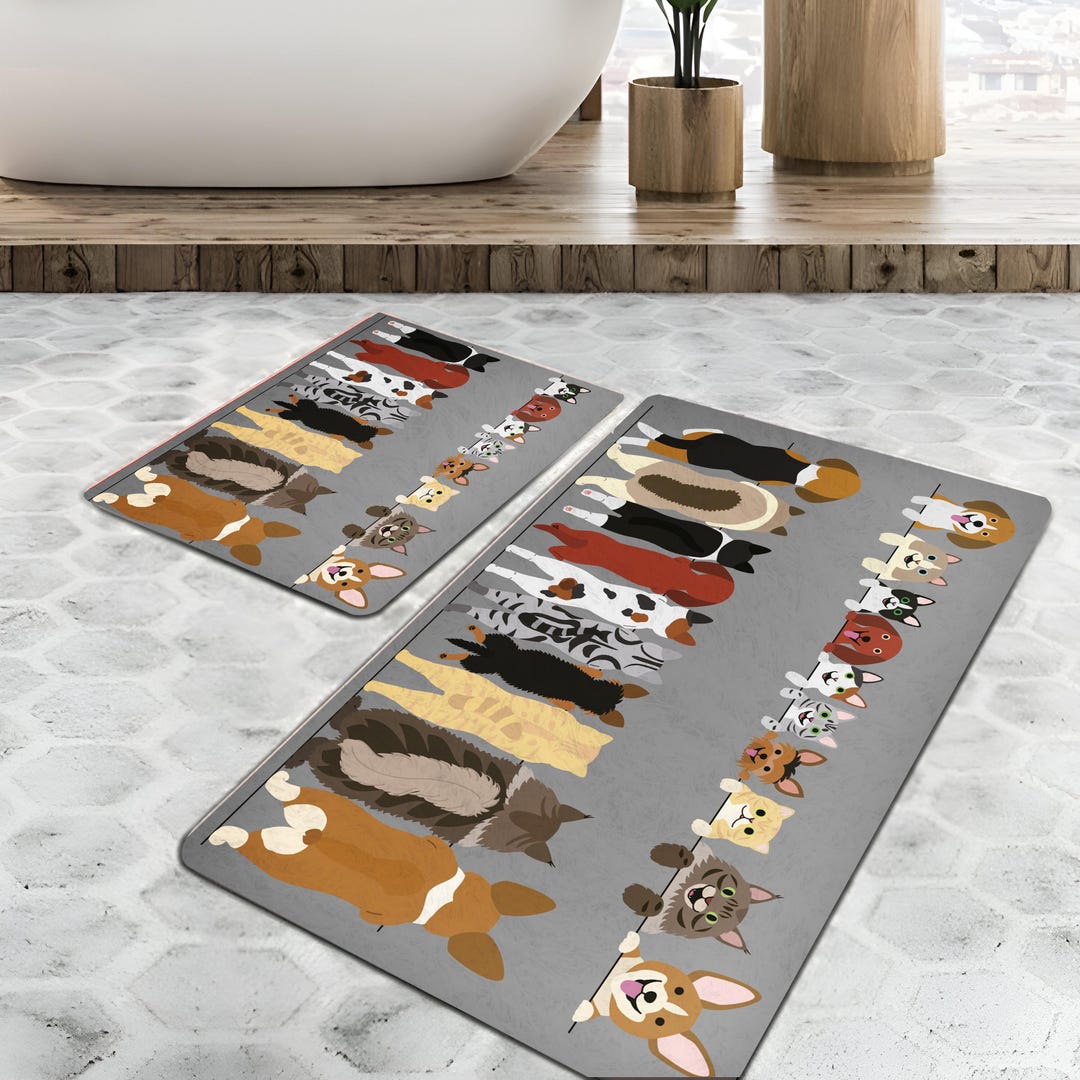 Cats and Dogs Bathroom Mat, Grey Bath Rug, Non-slip Bath Rug, Home ...