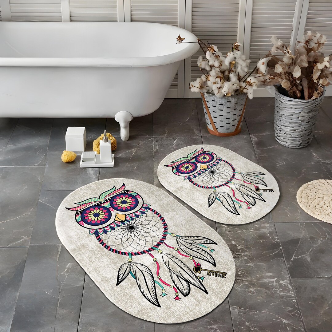 Owl Design Bathroom Mat, White Bath Rug, Non-slip Bath Rug, Home Decor ...