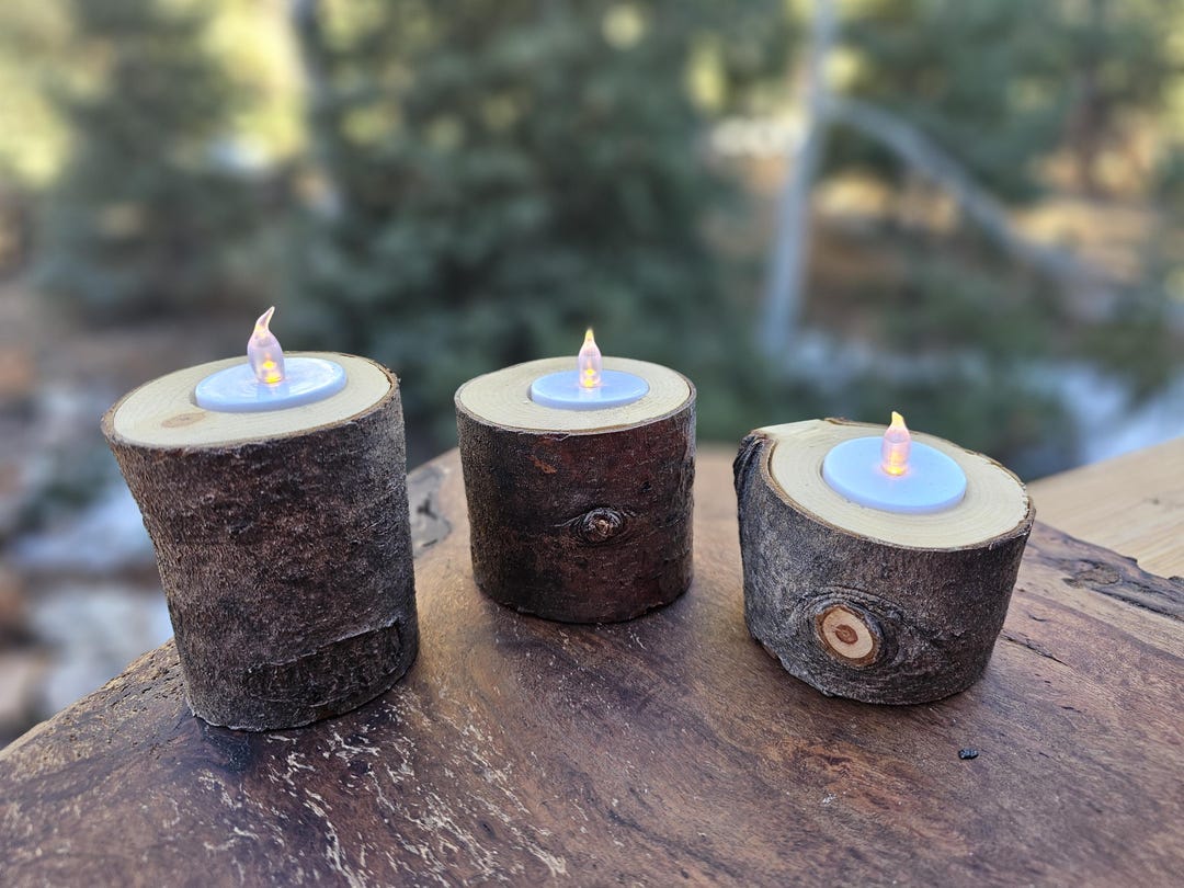 Natural Organic Bark Wooden Pillar Tree Stump Tea Light Candle Holders ...