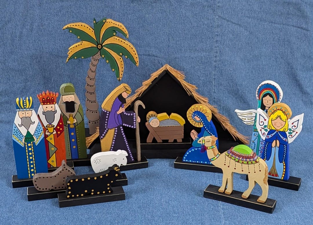 Handmade Nativity Manger Scene, Painted Wood Christmas Decor (14 Pcs ...