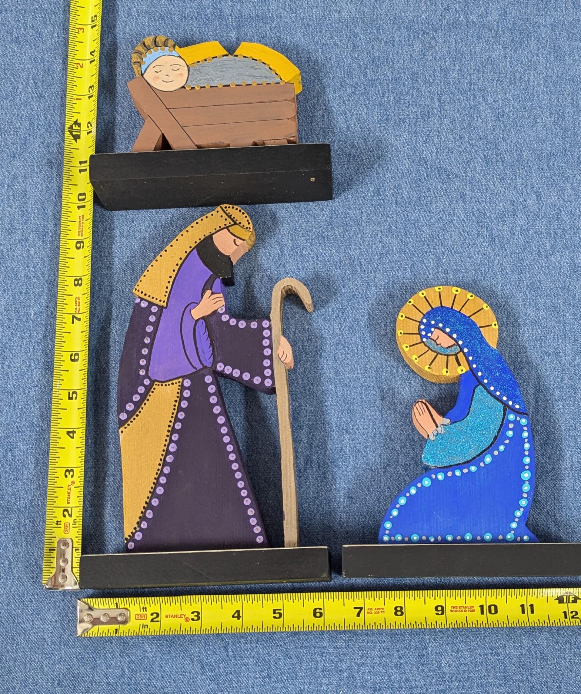 Handmade Nativity Manger Scene, Painted Wood Christmas Decor (14 Pcs ...