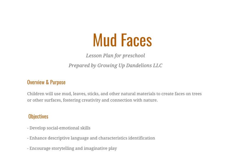 Mud Faces Lesson Plan - Etsy