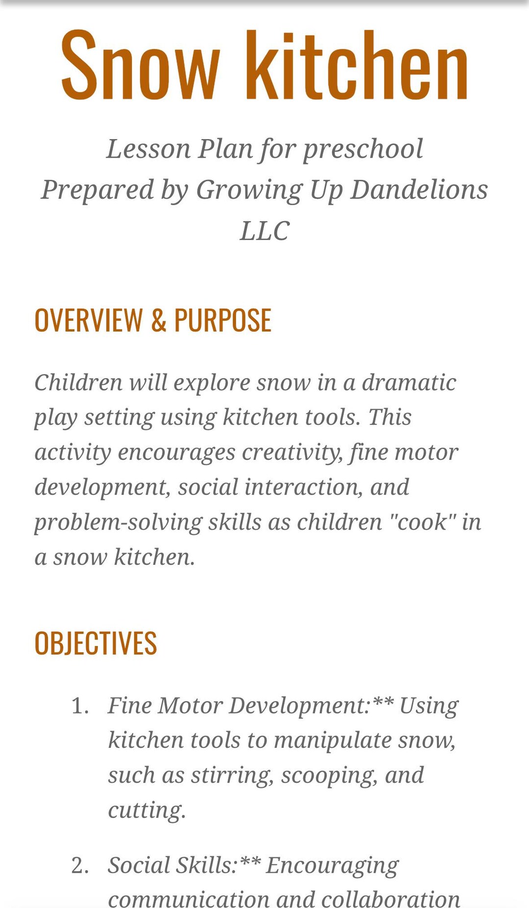 Snow Kitchen Activity Lesson Plan - Etsy
