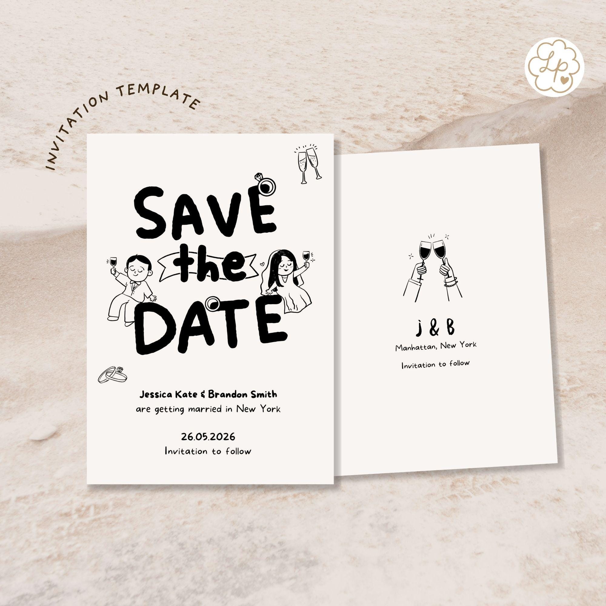 Save Our Date Invitation Template: Hand Drawn Editable Wedding ...