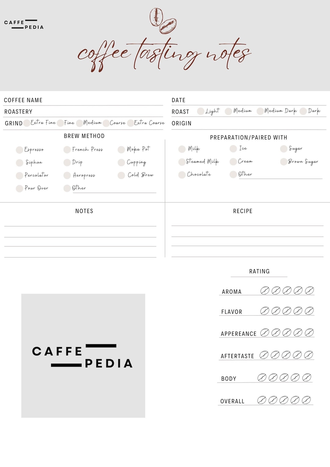 Printable Coffee Tasting Notes & Espresso Log / Coffee Gift / Barista ...