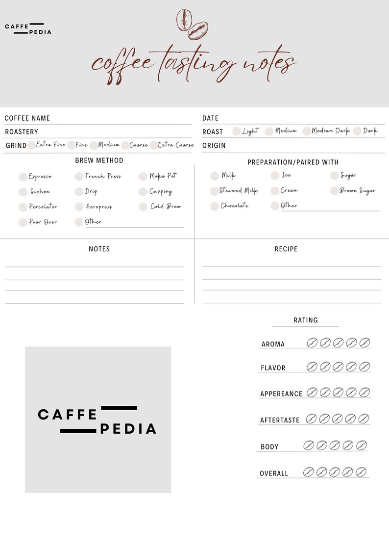 Printable Coffee Tasting Notes & Espresso Log / Coffee Gift / Barista ...