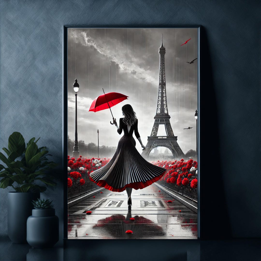 Parisian Elegance Digital Art Red Umbrella and Eiffel Tower Wall Decor ...